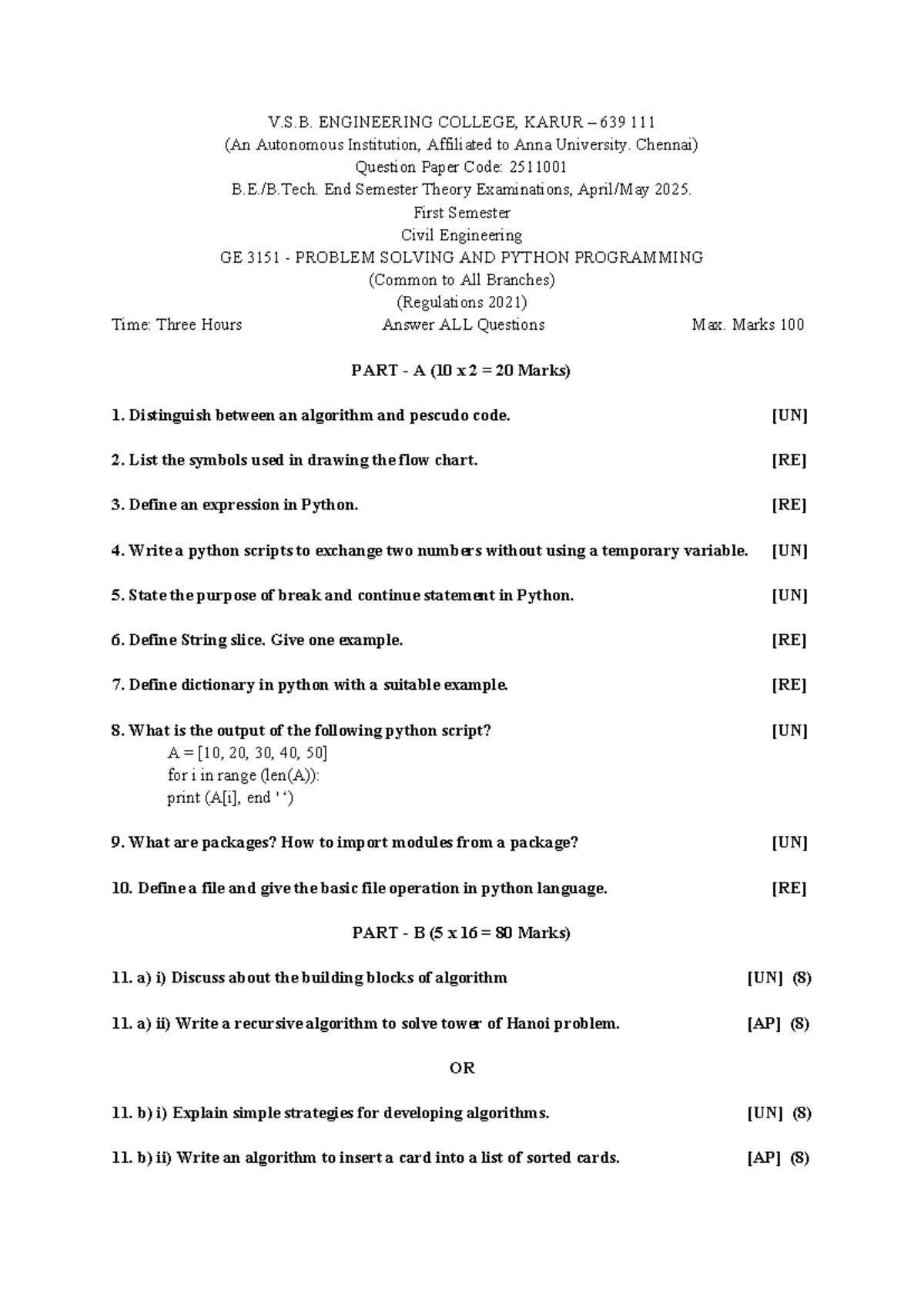 GE 3151 End Sem Exam Q Paper - Problem Solving & Python Programming ...
