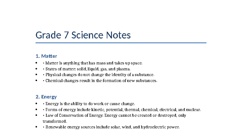 Grade 7 Science Notes - Grade 7 Science Notes 1. Matter • Matter is ...