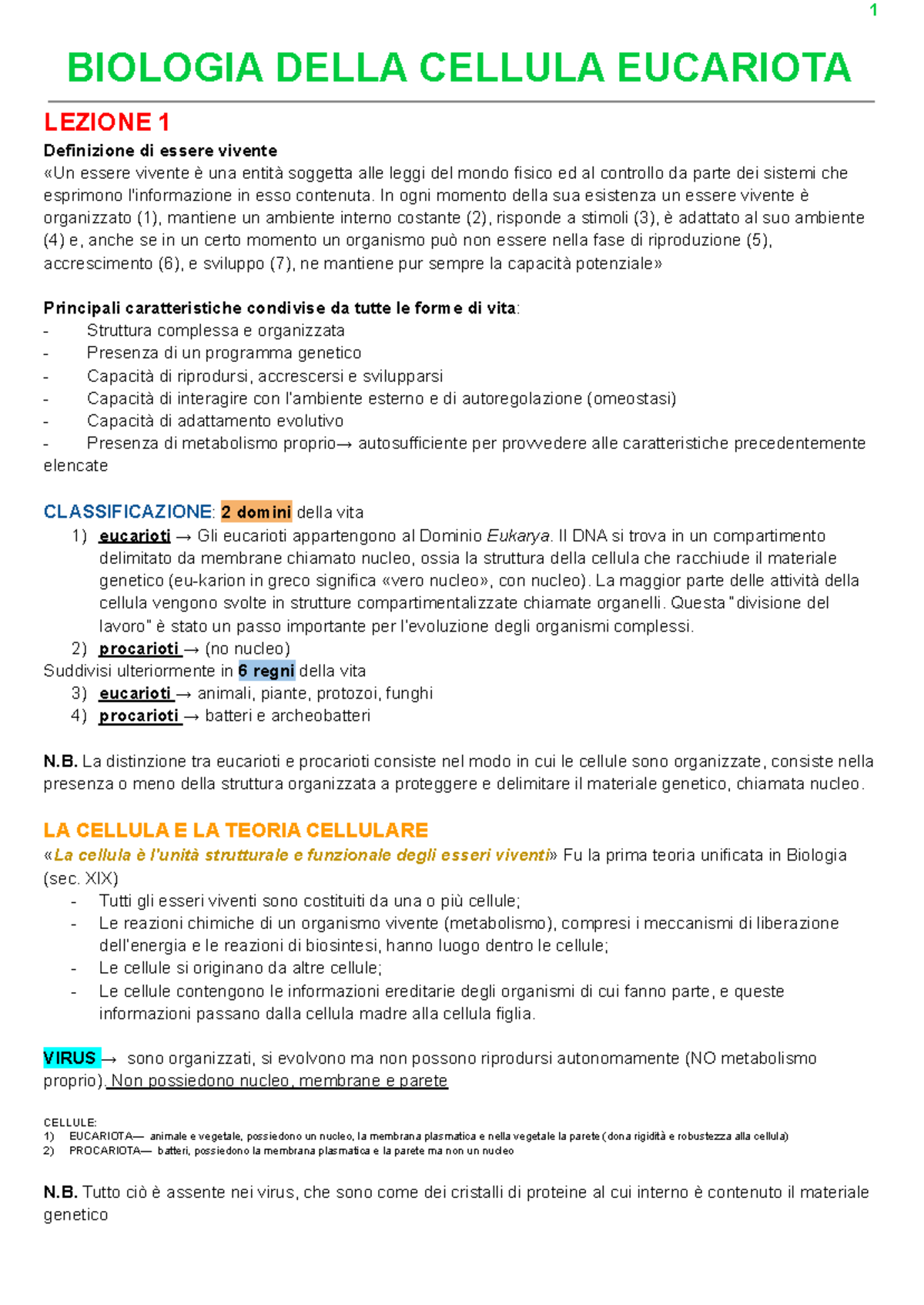 1 BIOLOGIA DELLA CELLULA EUCARIOTA: LEZIONE 1 - Caratteristiche e ...