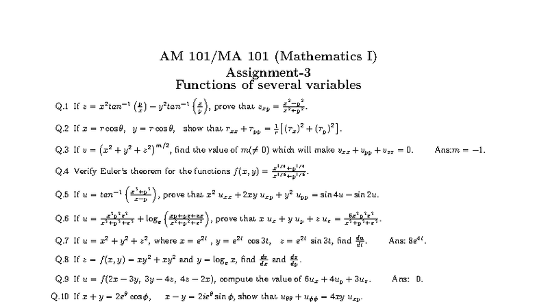 AM 101 (Mathematics I) Assignment 3: Functions of Several Variables ...