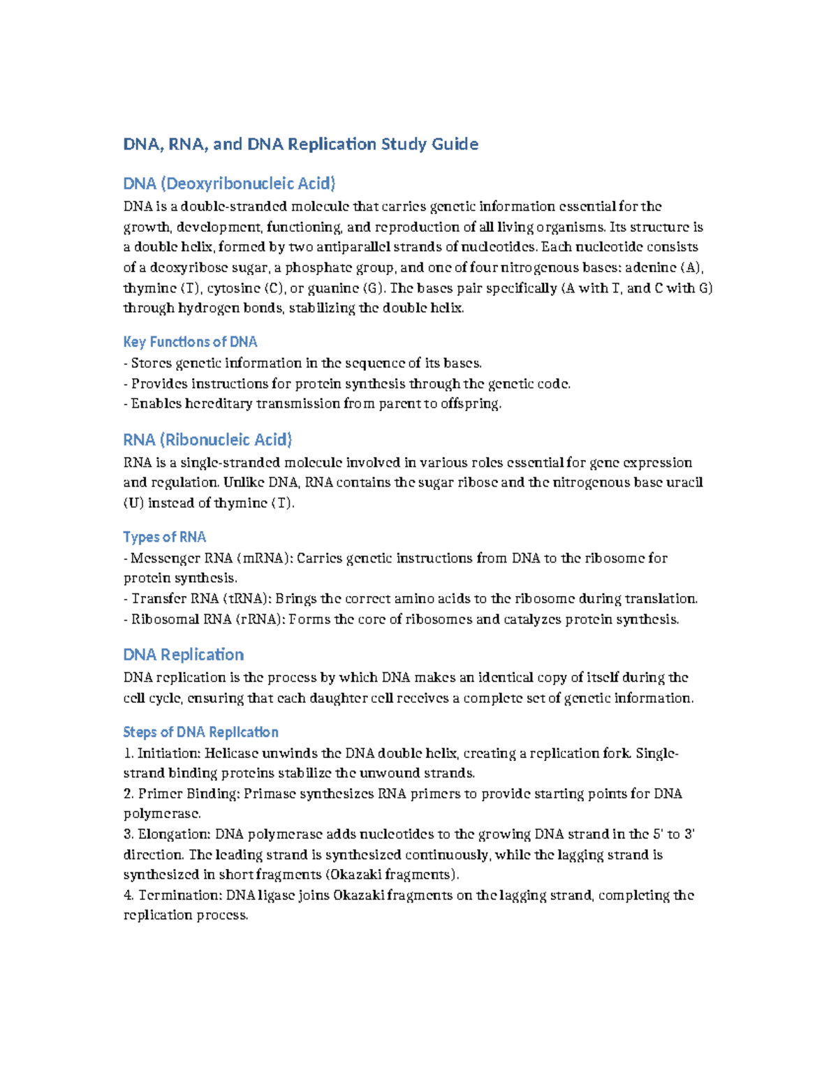 DNA RNA Replication Study Guide - DNA, RNA, and DNA Replication Study ...