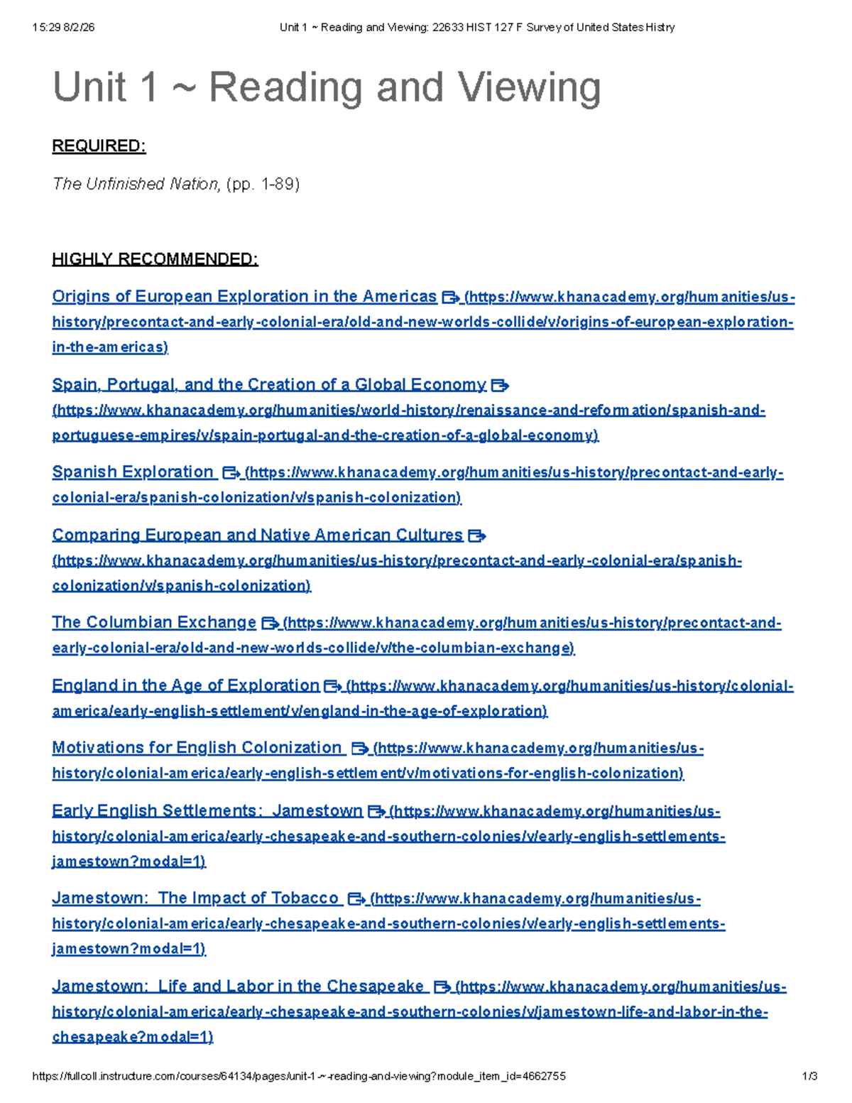 Unit 1 Reading & Viewing Notes for 22633 HIST 127 F: U.S. History - Studocu