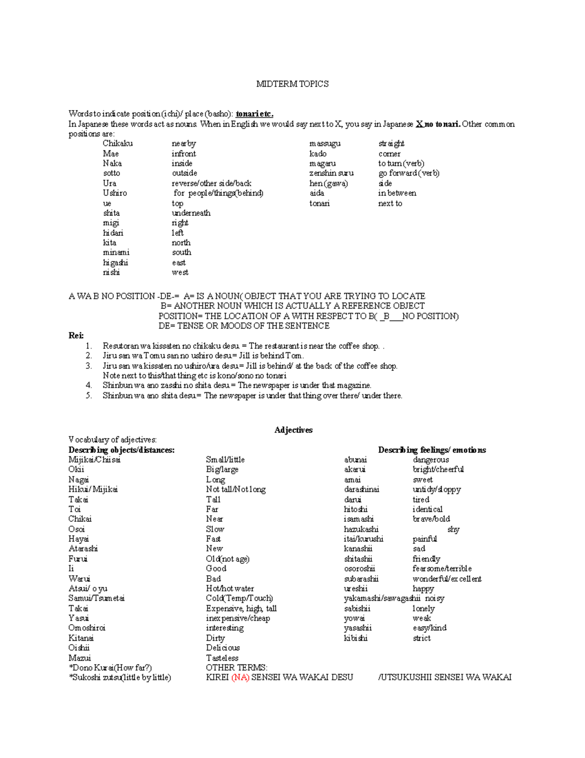 Japanese Language MIDTERM Topics: Position Words & Adjectives - Studocu