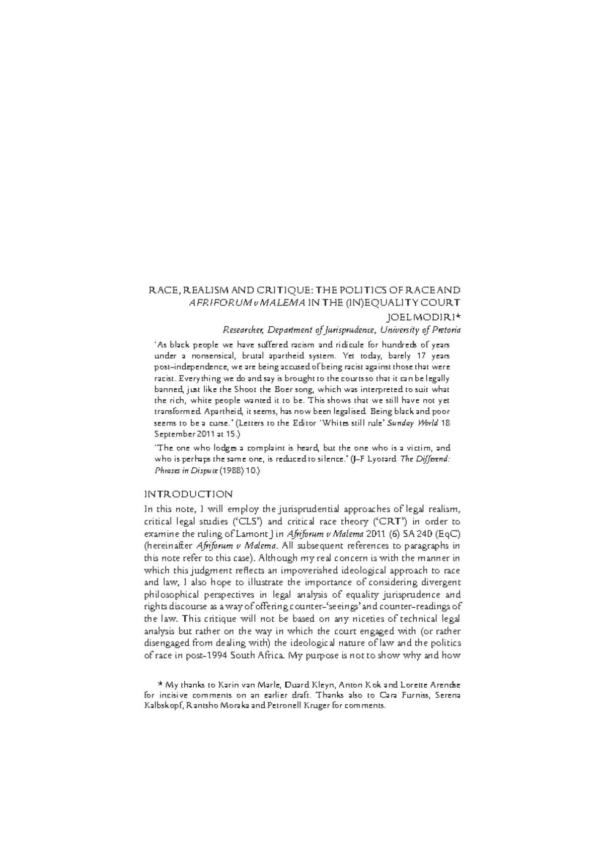RACE, REALISM, AND CRITIQUE: ANALYZING AFRIFORUM v MALEMA (2011) - Studocu