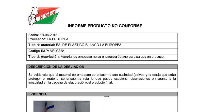 Informe Producto No Conforme - ME00382 - Control de Calidad - Studocu