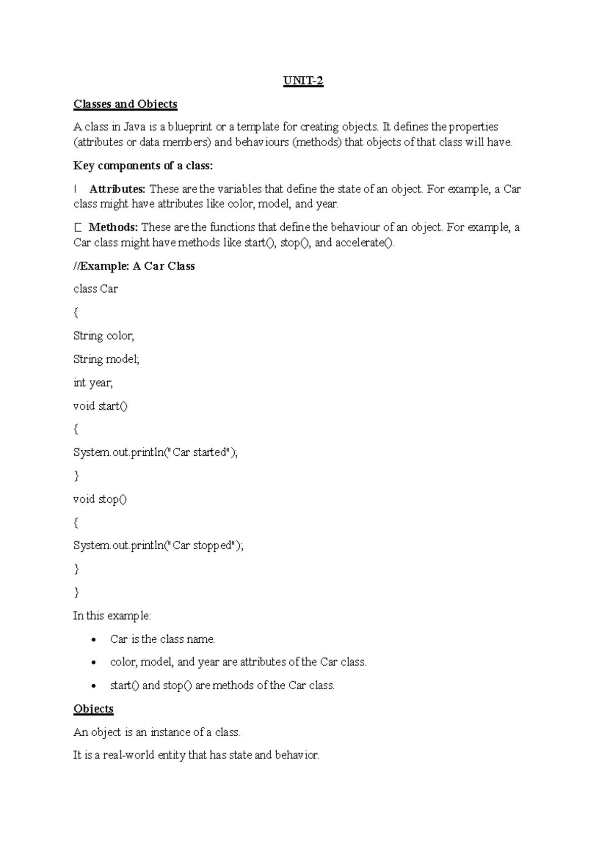 Java UNIT-2 Notes: Understanding Classes and Objects in Java - Studocu
