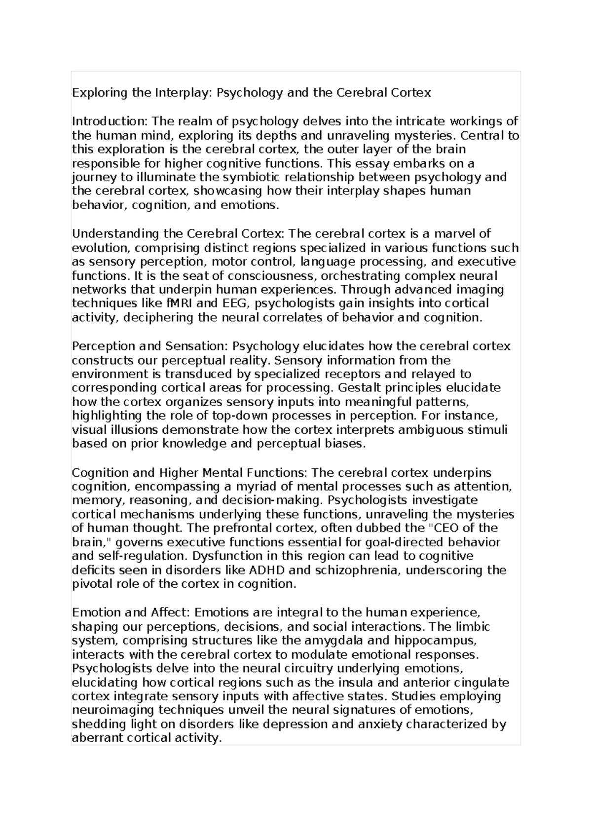 Psychology Essay 1: The Interplay of Psychology & the Cerebral Cortex ...