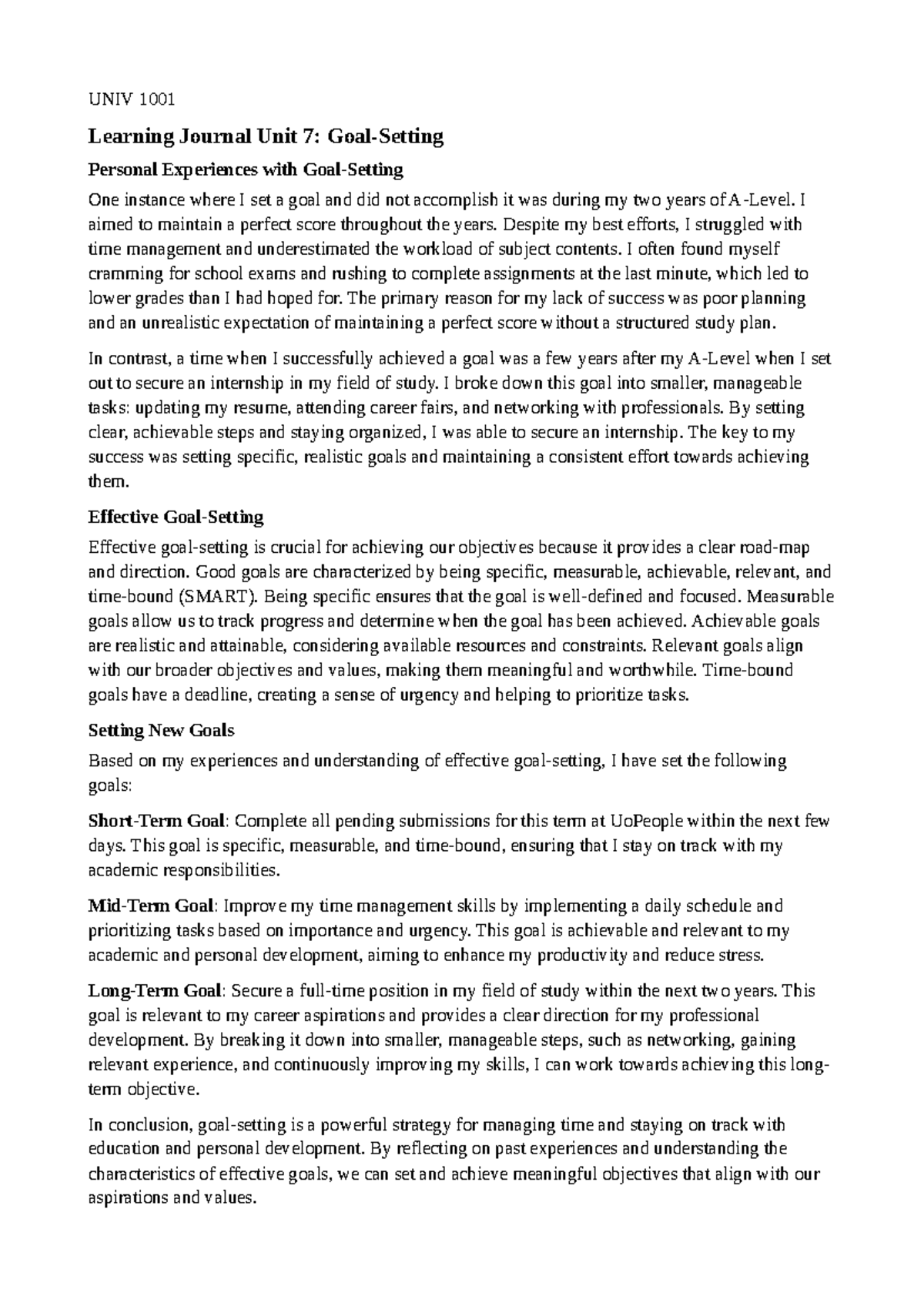 UNIV 1001 Learning Journal Unit 7: Reflections on Goal Setting - Studocu