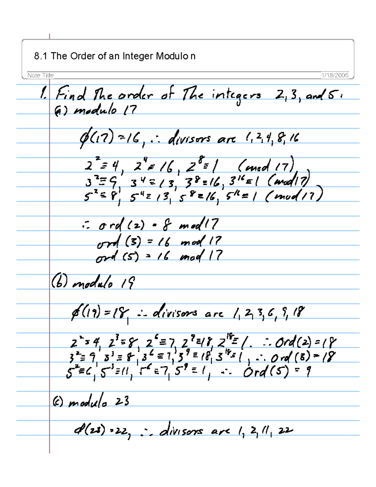 08 1 The Order Of An Integer Modulo N A Modulo 17 Divisors Are 12