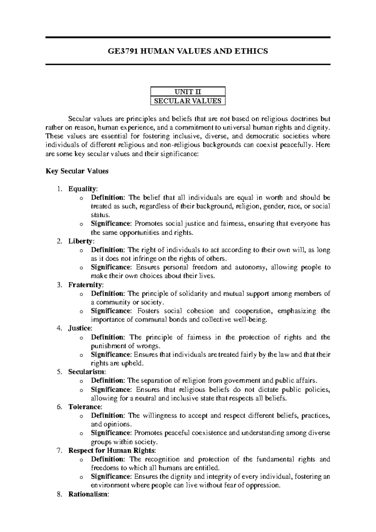 GE3791 - UNIT - I - Human Values and Ethics Unit I - GE3791 HUMAN ...