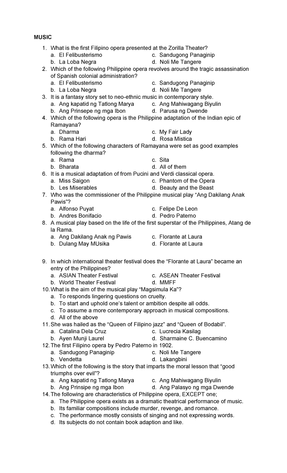 MUSIC 1: Philippine Opera and Theater Insights - 4th Reviewer - Studocu