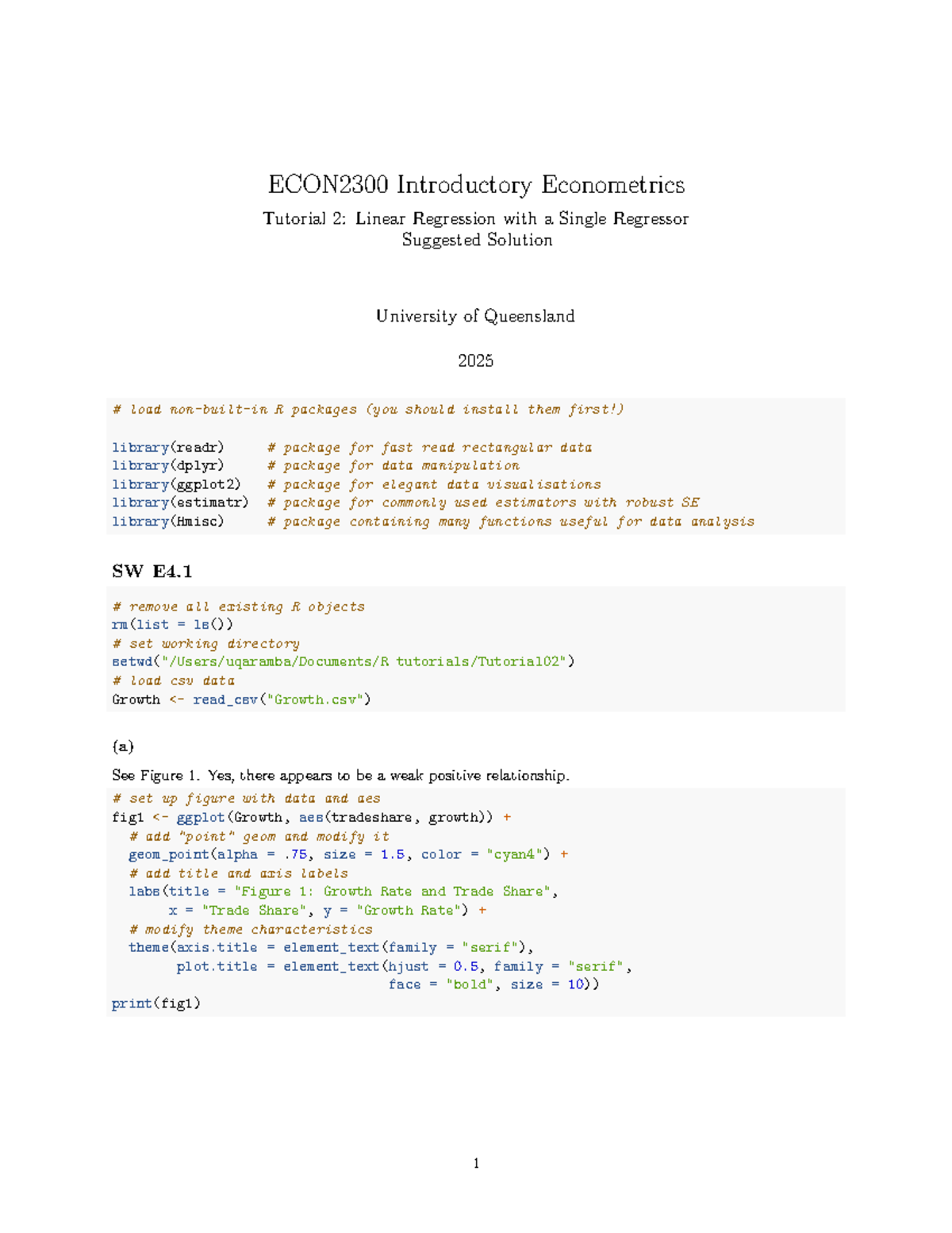 ECON2300 Tutorial 2: Linear Regression Analysis Solutions - Studocu