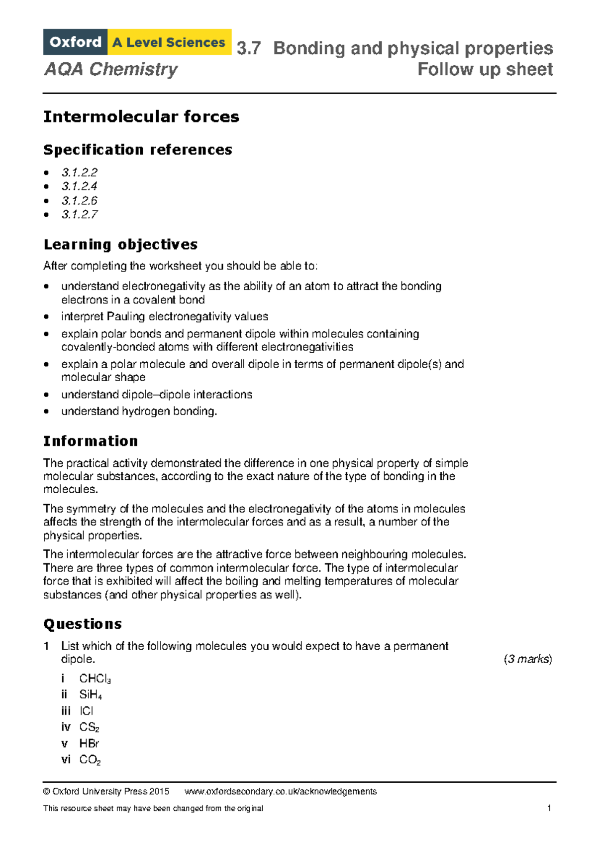 Intermolecular forces Qs 1 - 3 Bonding and physical properties AQA ...
