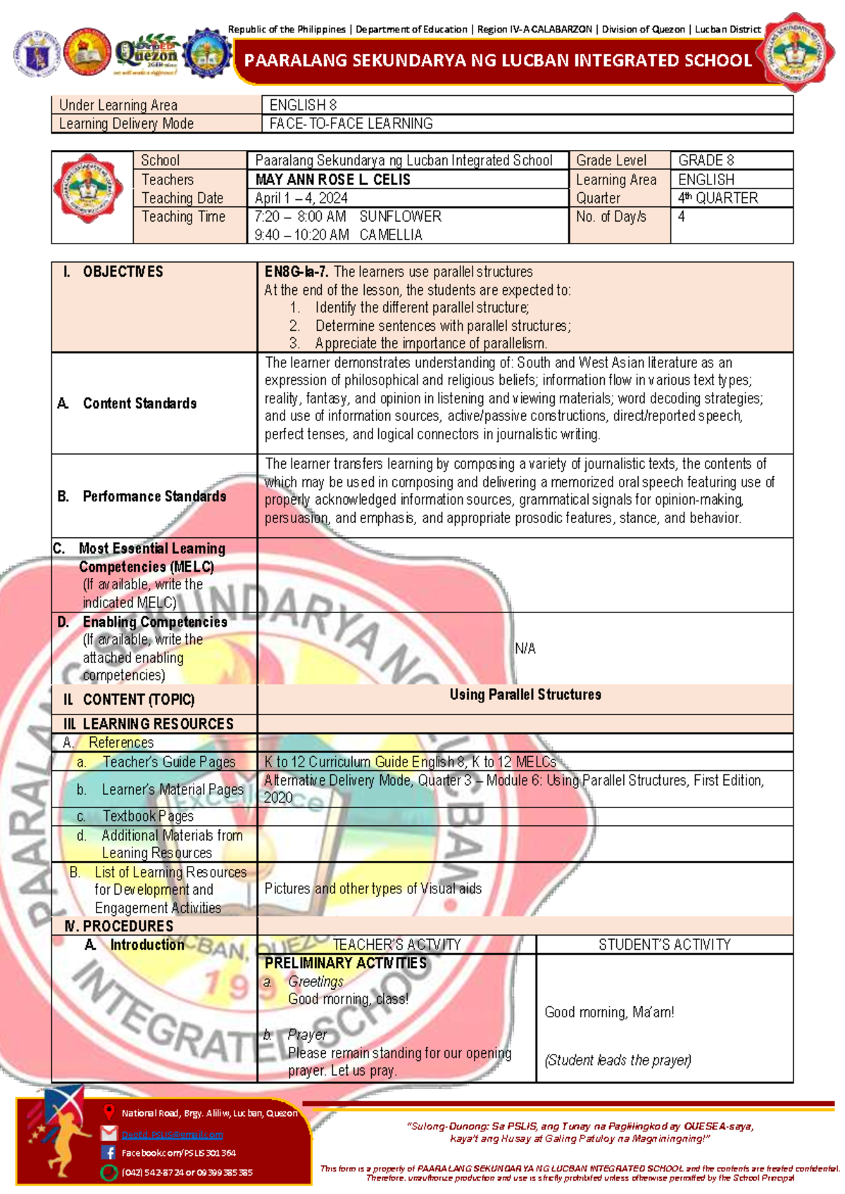 EN8G-Q4 Using Parallel Structures - Lecture Notes by May Ann Rose L ...