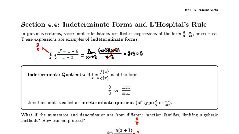 MATH151 c Justin Cantu Section 4.4: Indeterminate Forms & Limits - Studocu