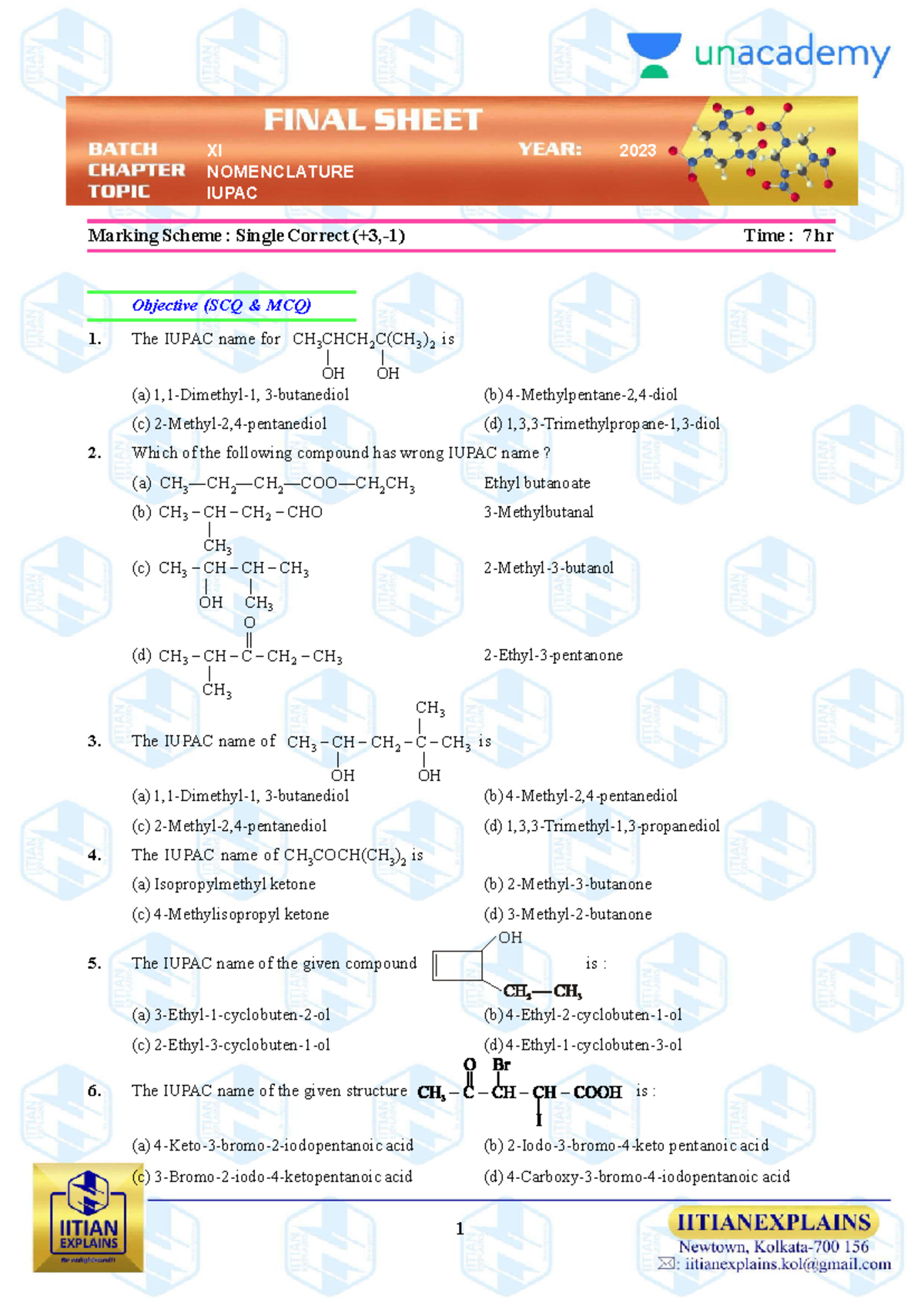 IUPAC Nomenclature Marking Scheme 2023: SCQ MCQ Exam Guide - Studocu