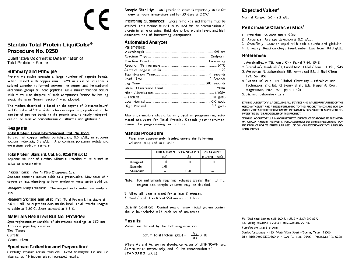 Stanbio Total Protein - LiquiColor Product Insert Guide (Procedure No ...