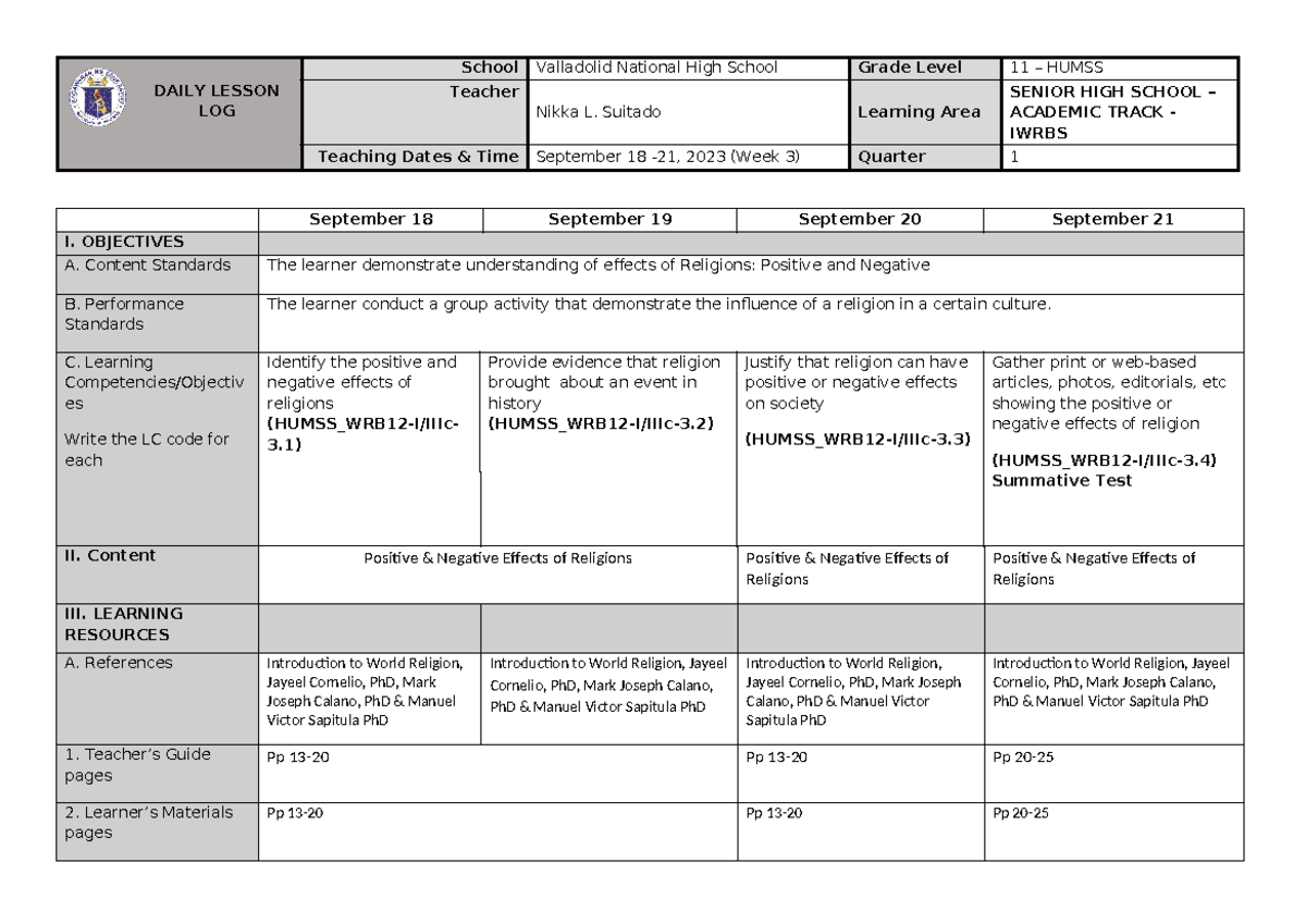 World Religion - HUMSS IWRBS - Week 3 Lesson Log - Studocu