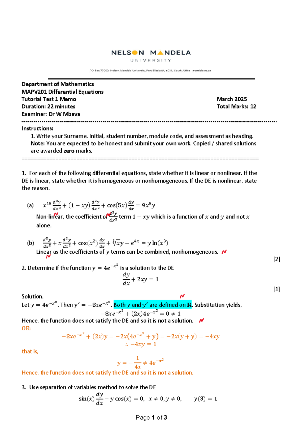 MAPV201 Differential Equations Tutorial Test 1 Memo 2025 - Studocu