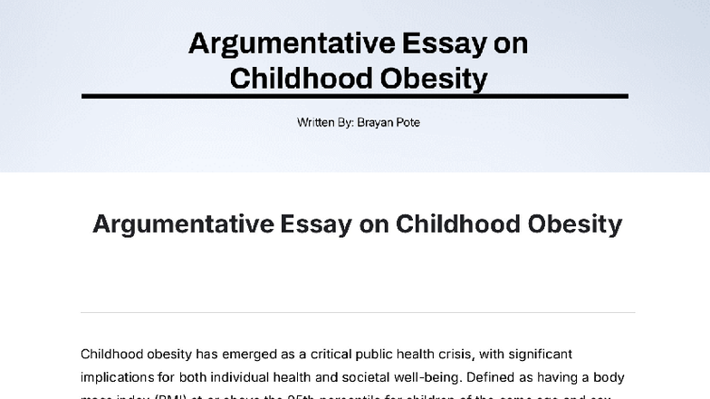 Argumentative Essay Notes on Childhood Obesity - Studocu
