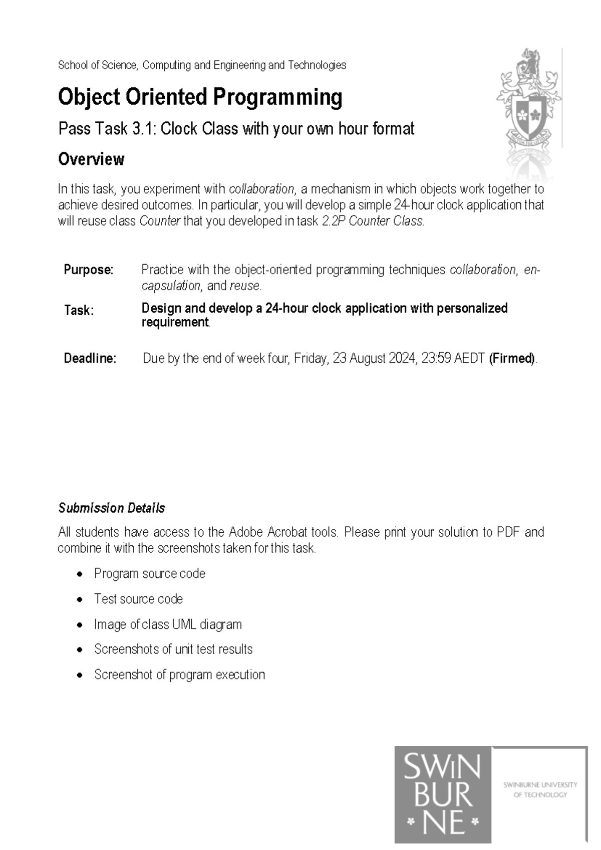 3.1P - Clock Class - your own format-2 2025 - School of Science, Computing and Engineering and ...