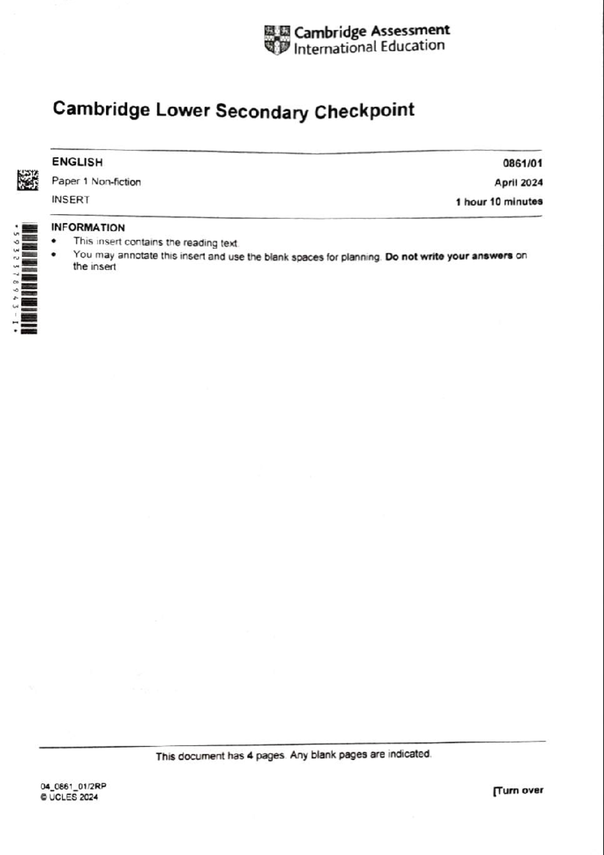 Lower Secondary Checkpoint ENGLISH Paper 1 April 2024 - Reading Insert ...