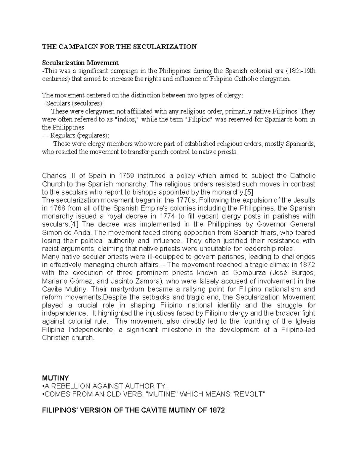 Group 3 Report: The Secularization Movement and Cavite Mutiny - Studocu