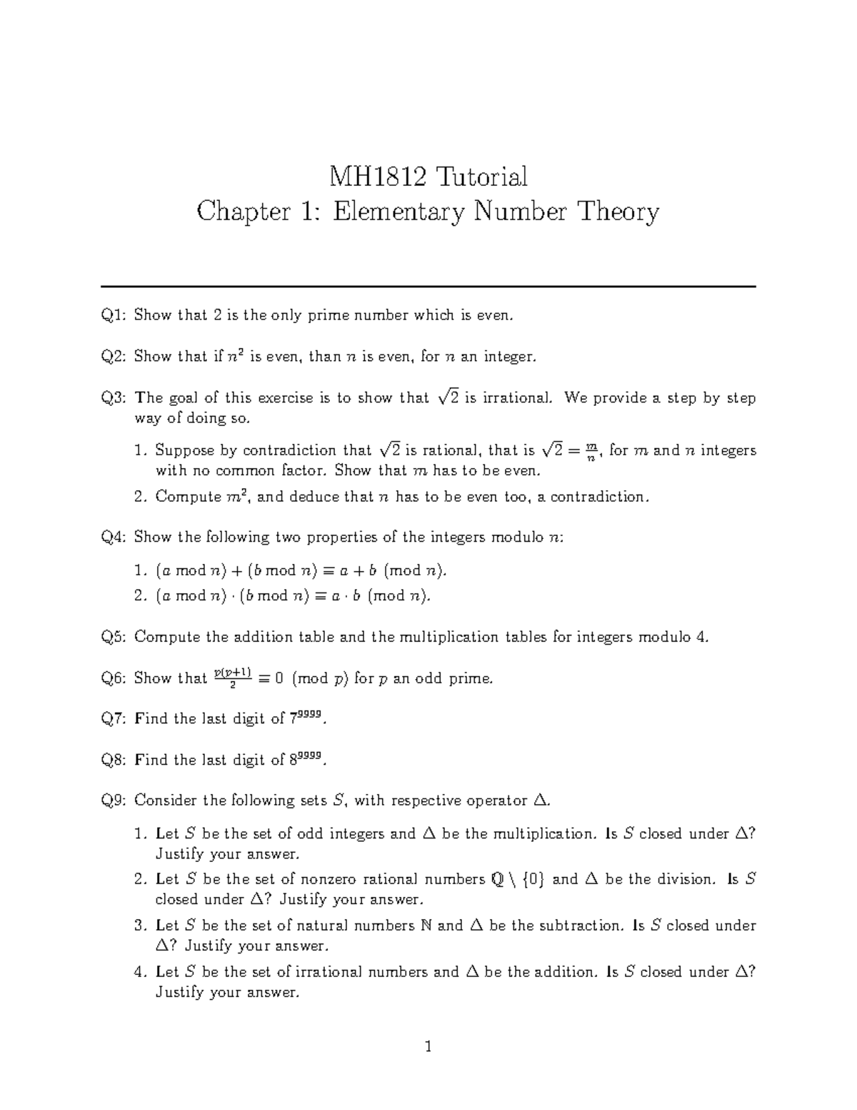 Chapter 1 - Homework - MH1812 Tutorial Chapter 1: Elementary Number Theory Q1: Show that 2 is ...