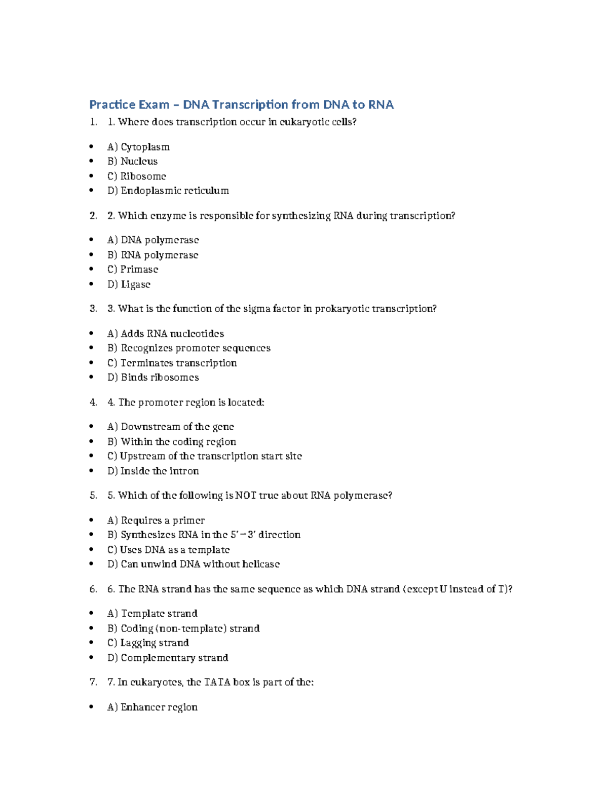 DNA Transcription Practice Exam (BIO 101) - Studeersnel