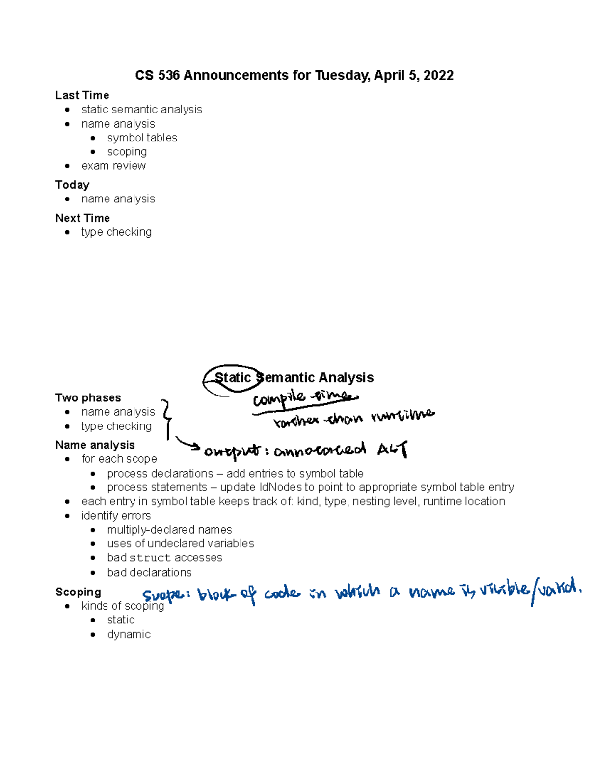 Lec-Week11 - Lecture Notes for Week11 - CS 536 Announcements for ...