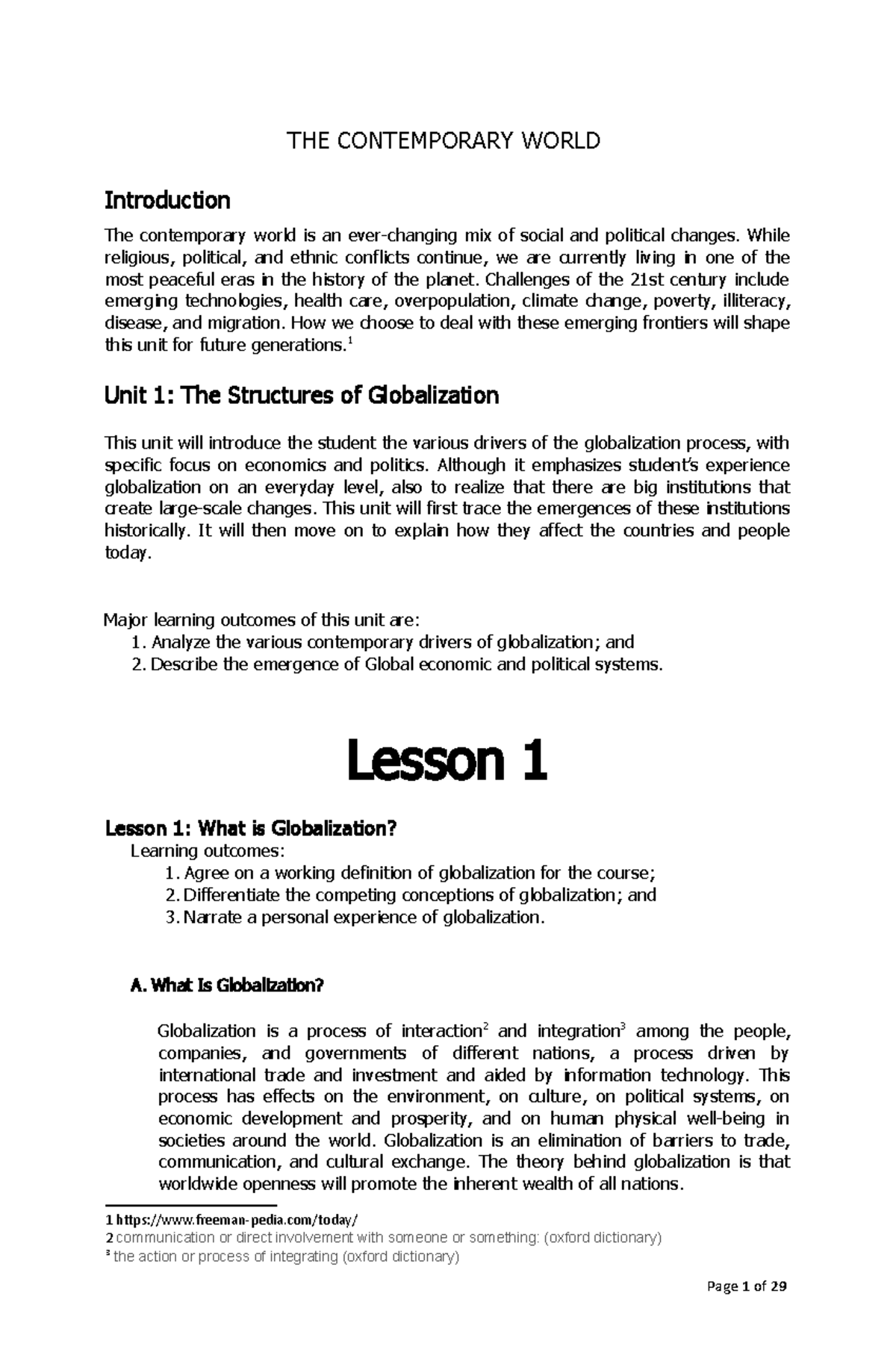 CCW The Contemporary World Lessons 1-4 Overview for Prelims - Studocu