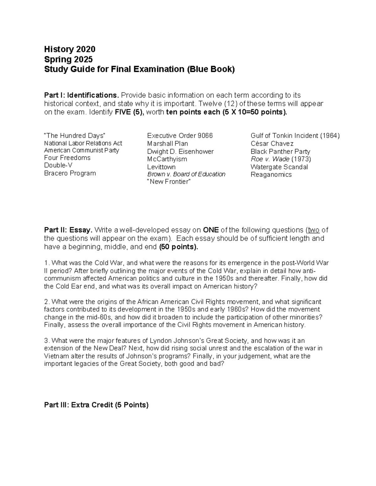Study Guide for History 2020 Final Exam (Spring 2025) - Key Terms ...