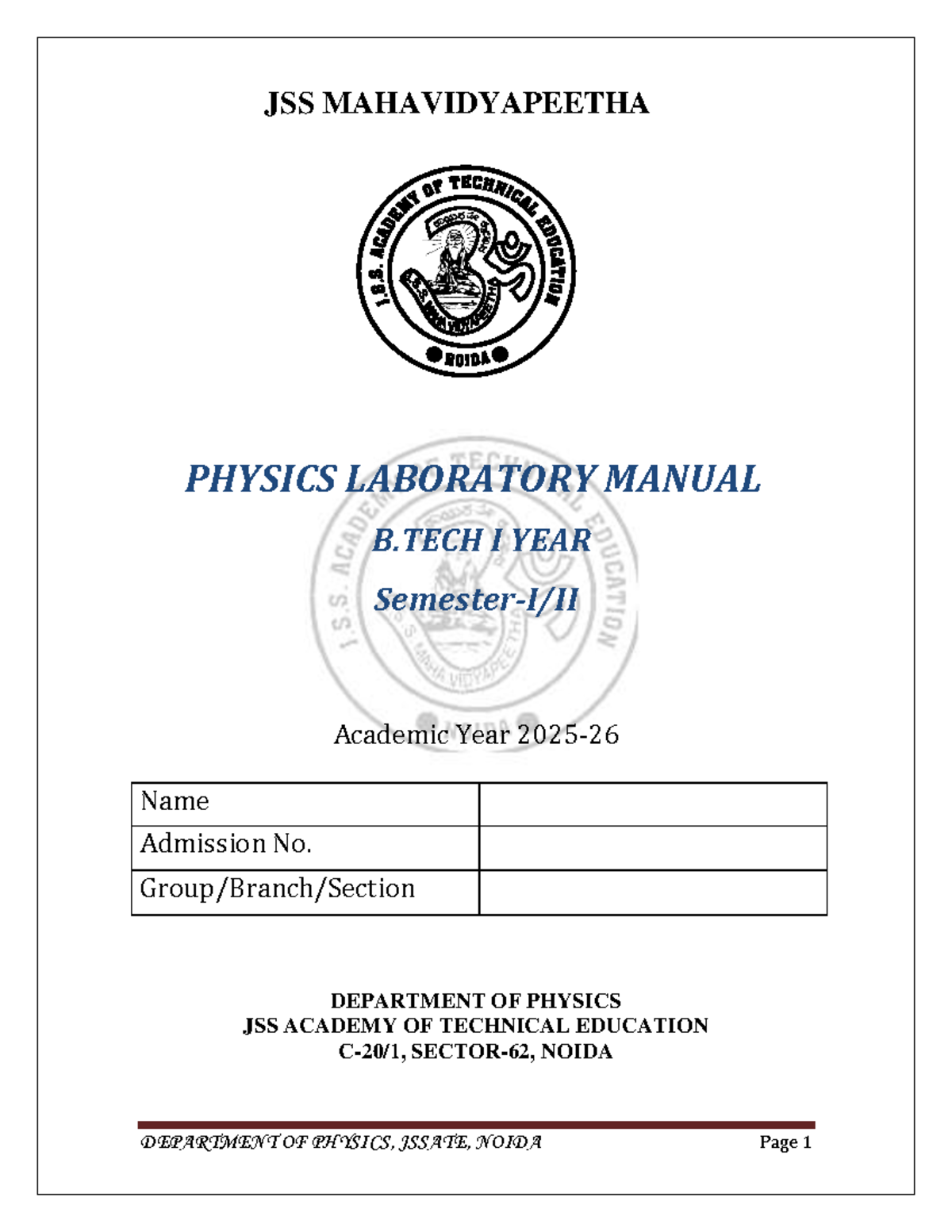 Physics Lab Manual for B.Tech I Year (2025-26) - JSSATE - Studocu