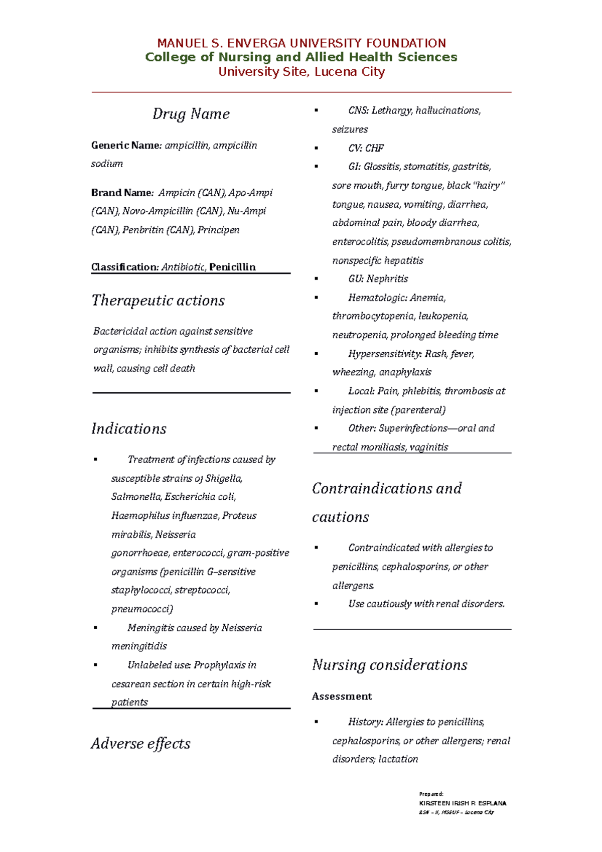 Ampicillin Drug Study Notes for Nursing - BSN II, MSEUF - Studocu