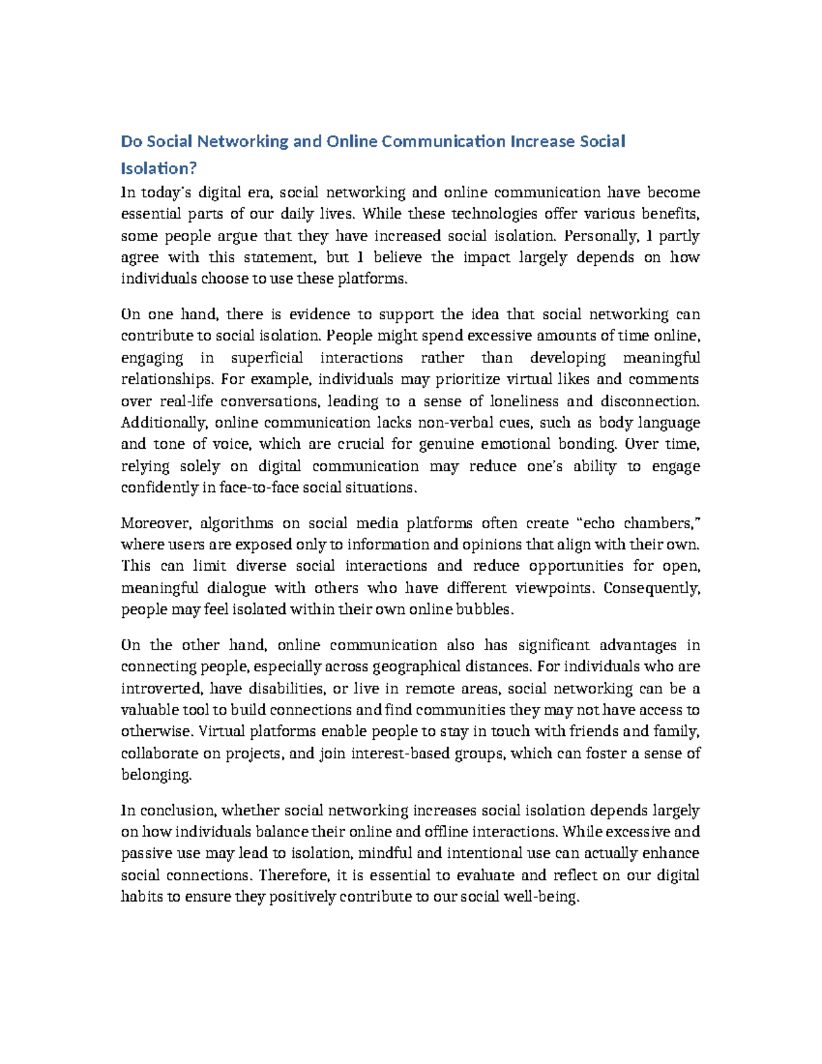 Social Networking Isolation Essay: Impact of Digital Communication ...