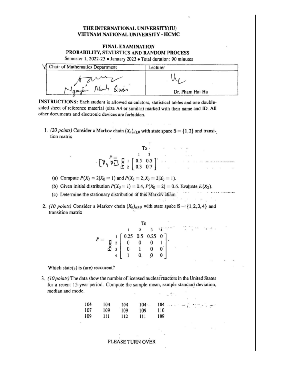 IU HCMC Final Exam: Probability, Statistics & Random Process - Jan 2023 ...