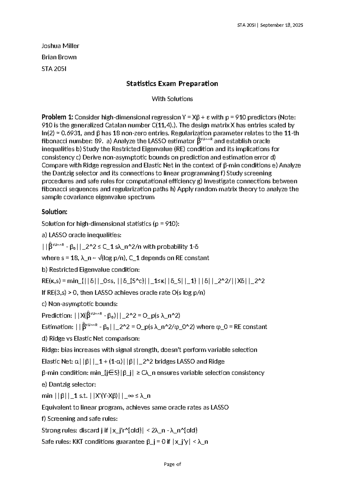 STA 205I Statistics Exam Prep: LASSO, Ridge, and Regularization Insights - Studocu