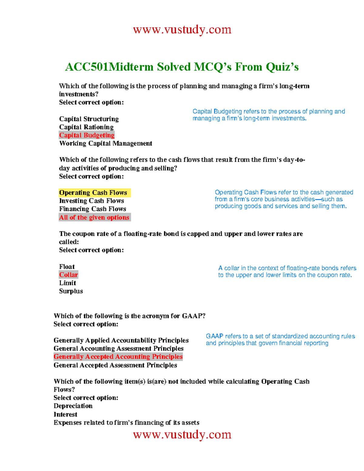 ACC501 Midterm Solved MCQs from Quizzes and Key Concepts - Studocu