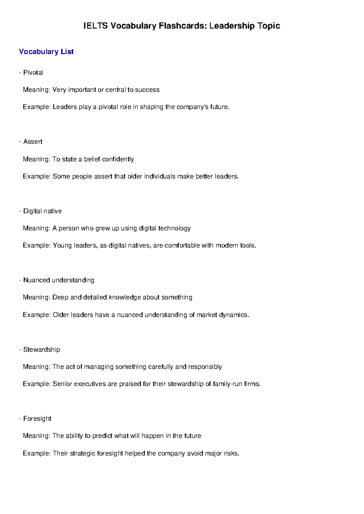 IELTS Leadership Vocab Flashcards: Key Terms & Meanings for Success ...