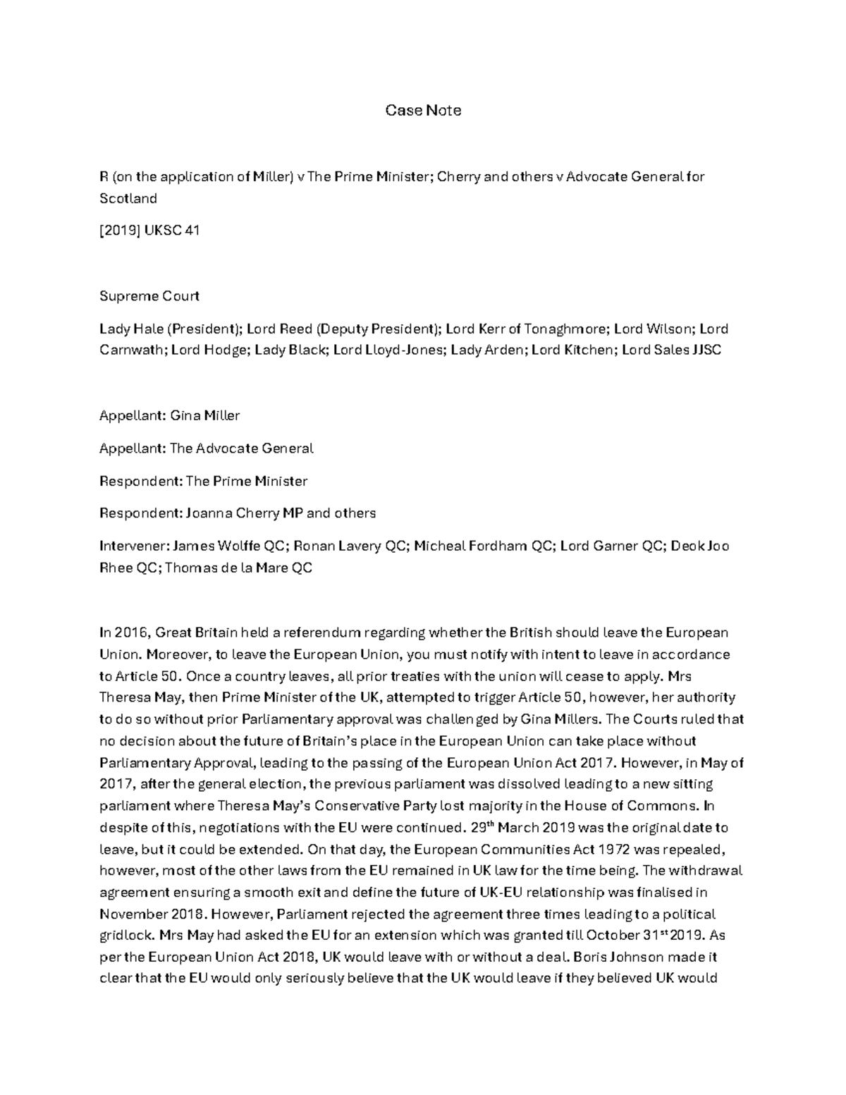 Case note Public Law - Case Note R (on the application of Miller) v The ...
