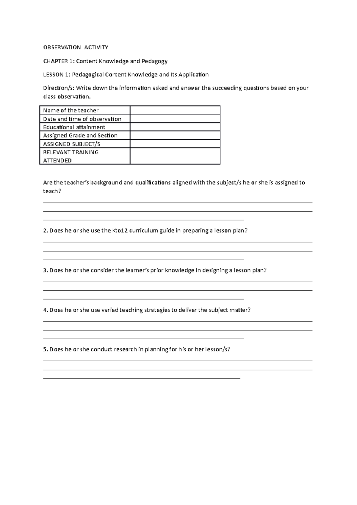 Field study 1 Chapter 1 Lesson 1 - OBSERVATION ACTIVITY CHAPTER 1 ...