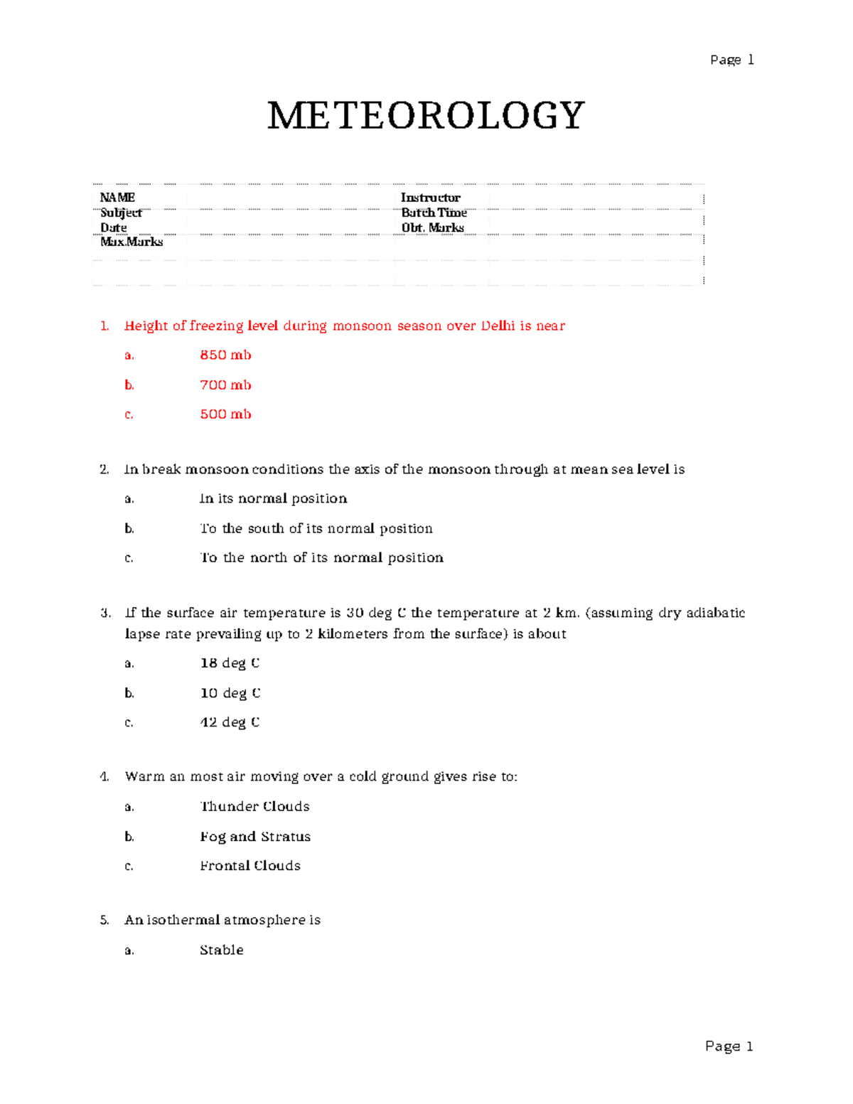 Meteorology-question-bank - NAME Subject Date Max Instructor Batch Time ...