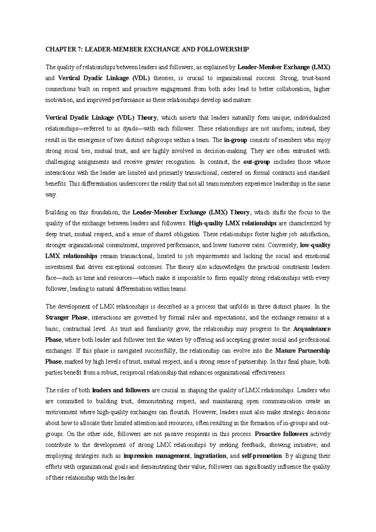 CHAPTER 7: LMX & VDL Theories on Leadership-Follower Dynamics - Studocu