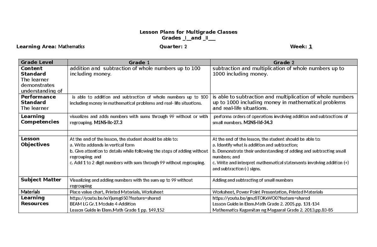 Multigrade Lesson Plan: Math Activities for Grades I & II - Studocu