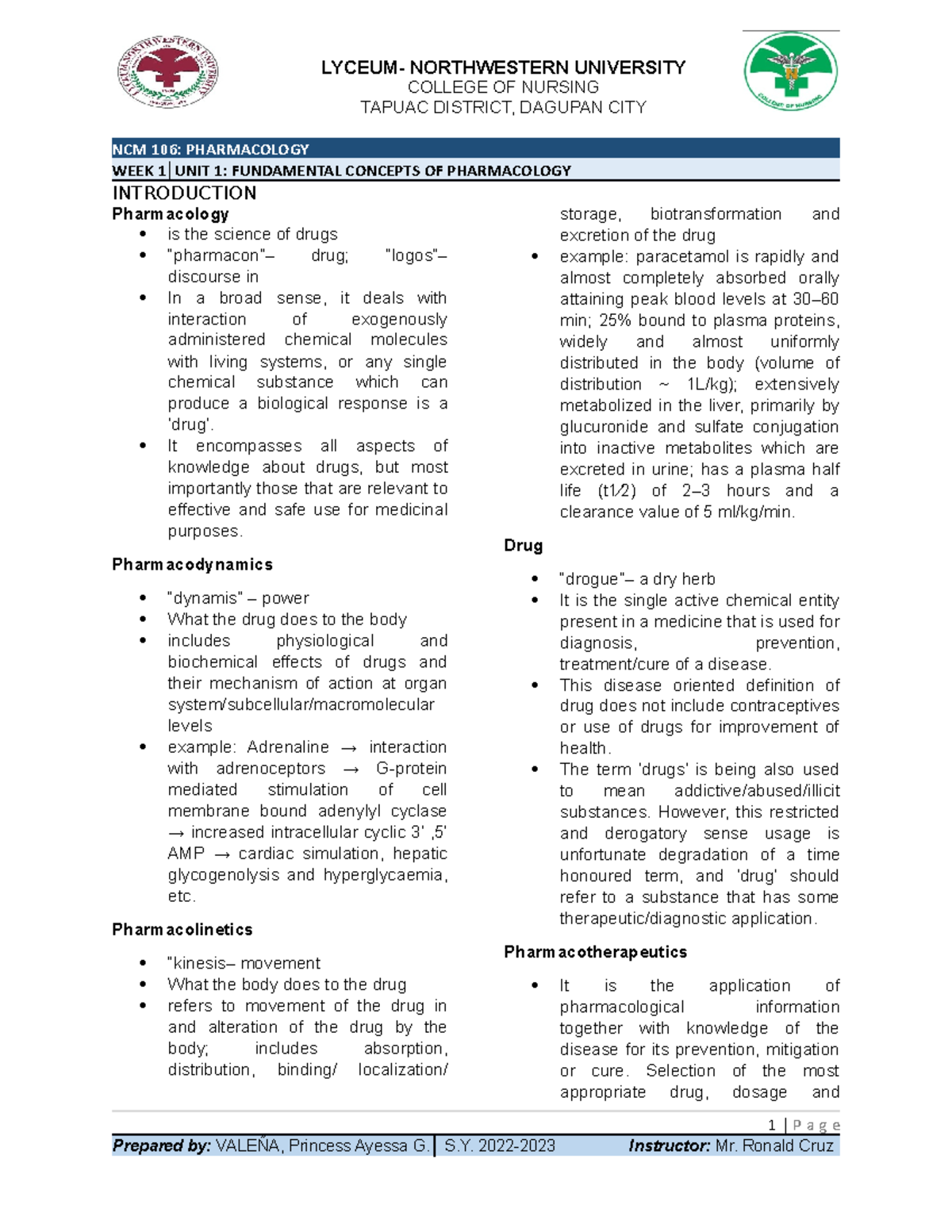NCM 106: Week 1 Lecture Notes on Fundamental Concepts of Pharmacology ...