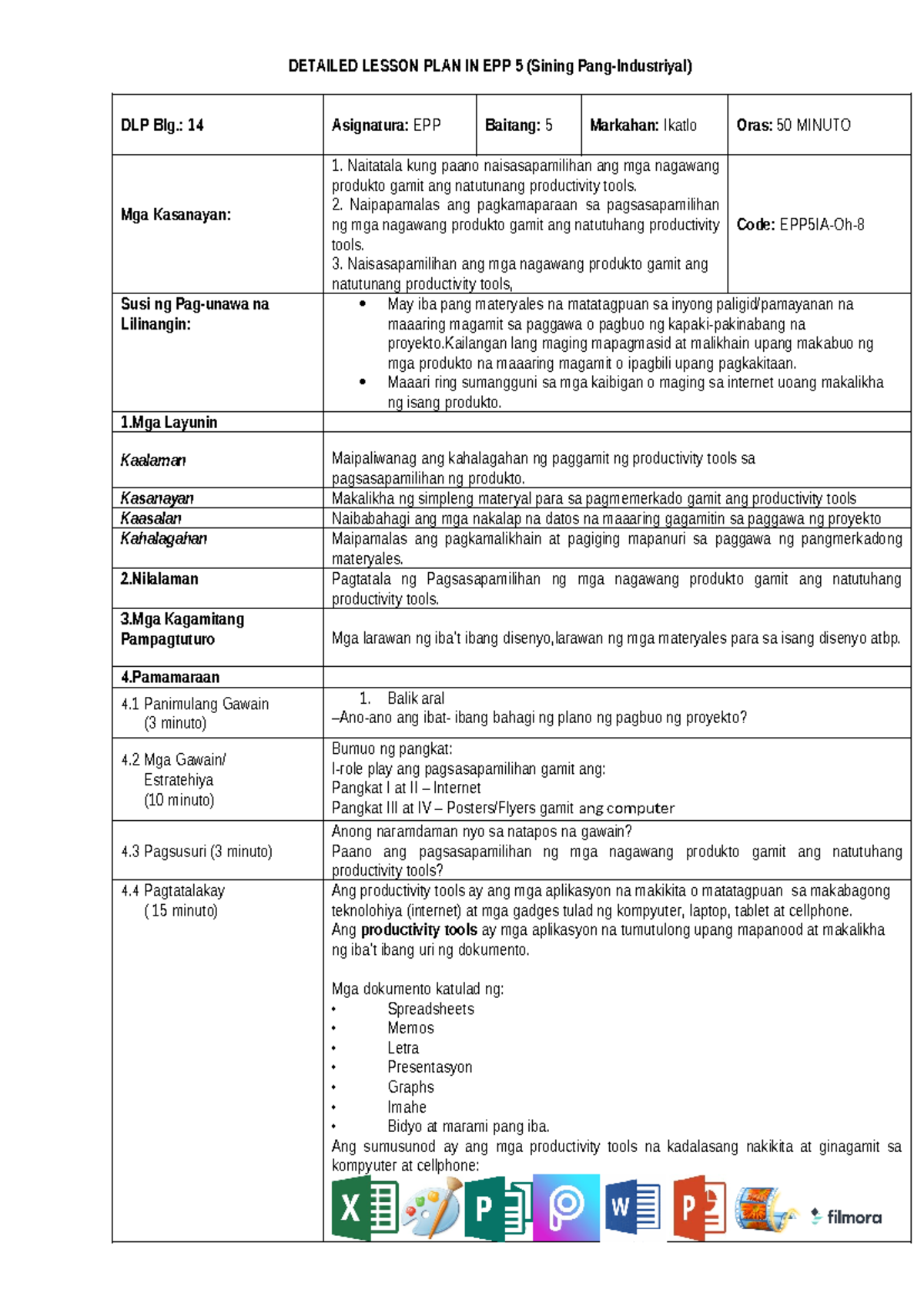 EPP 5 DLP 14 - Detailed Lesson Plan on Productivity Tools in EPP - Studocu