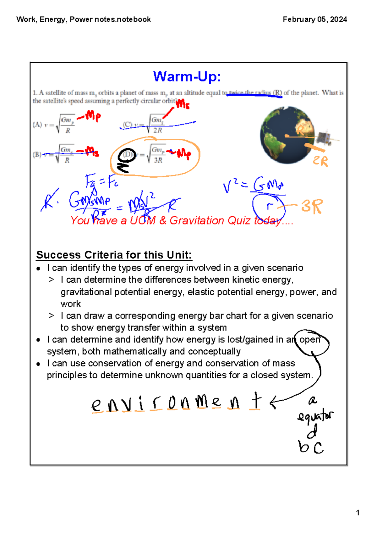Work, Power, Energy Notes 2024 - WarmUp: Success Criteria for this Unit ...