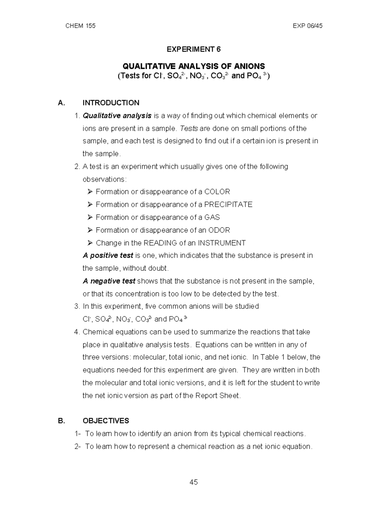 Exp 6: Qualitative Analysis of Anions in Aqueous Solutions (Cl-, SO4² ...
