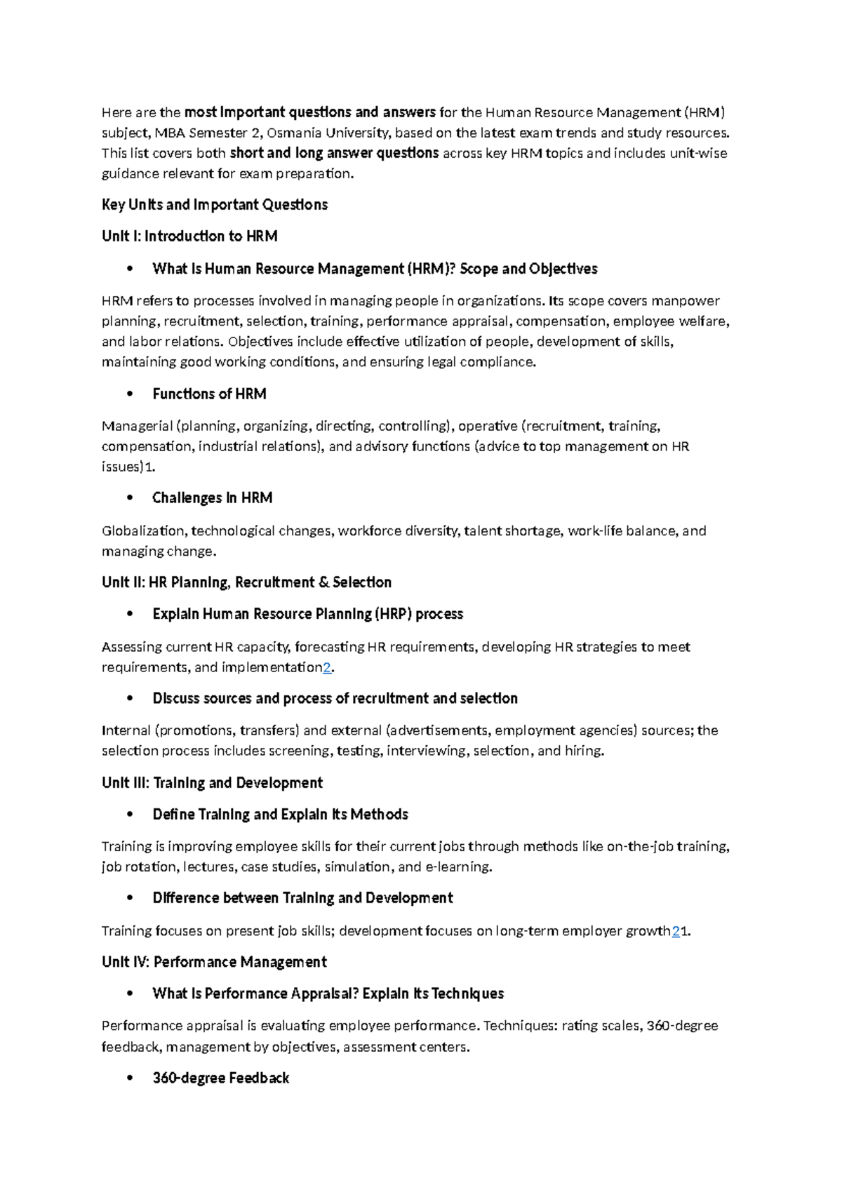 HRM Important Q&A - MBA Sem 2 Exam Prep Notes - Studocu