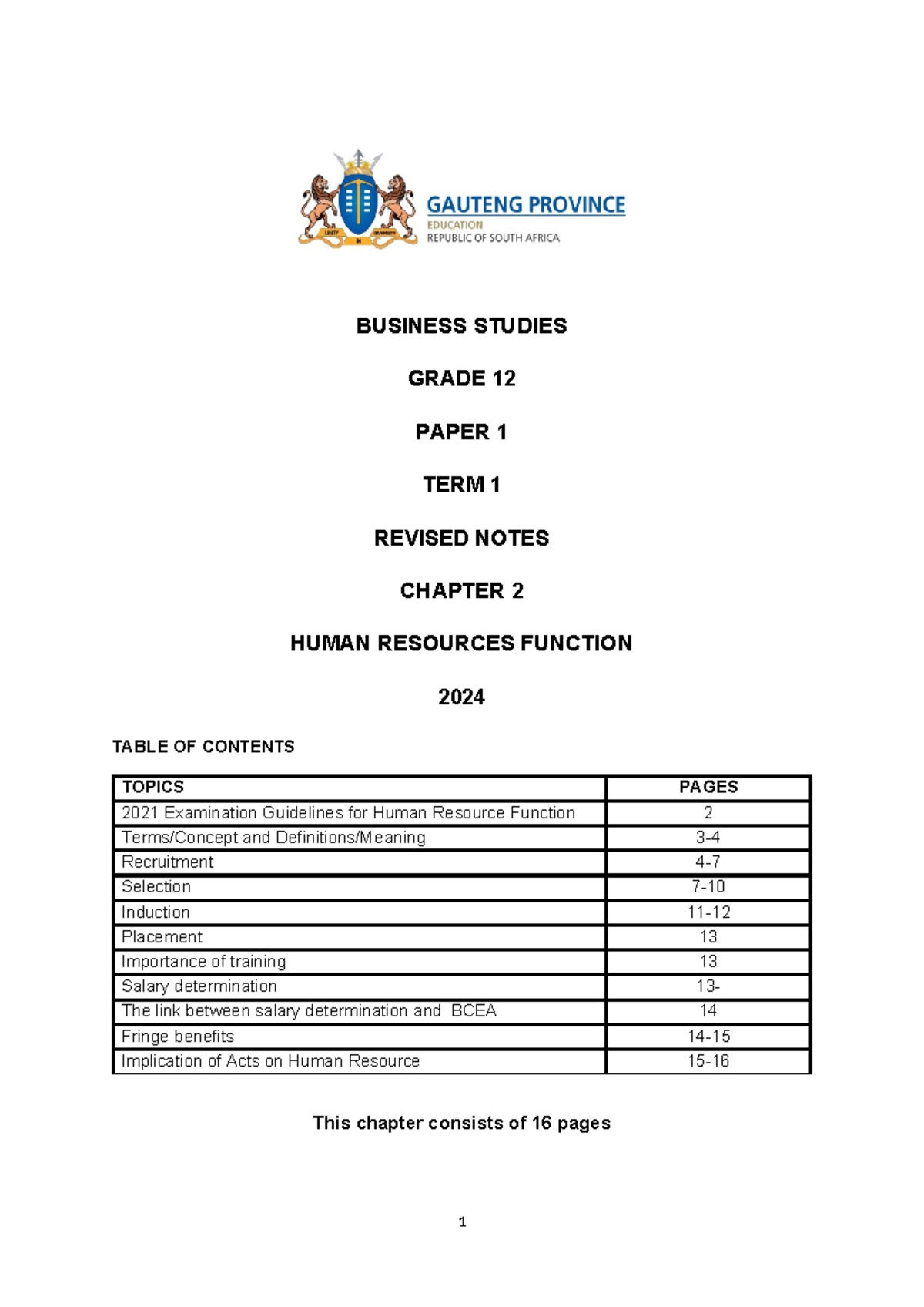 BUSINESS STUDIES GRADE 12 PAPER 1 TERM 1 REVISED NOTES: CHAPTER 2 HR ...
